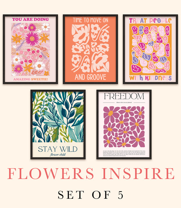 Positive Affirmation Floral Wall Art - Flowers Inspire - Set Of 5 Post ...